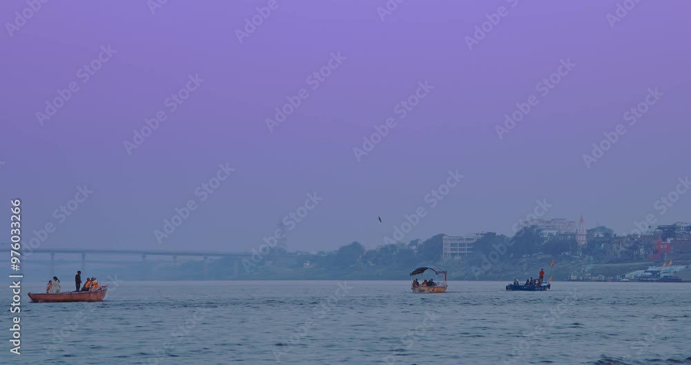 Varanasi, India. Tourists And Pilgrims Floating On Ganga River. Boat ...