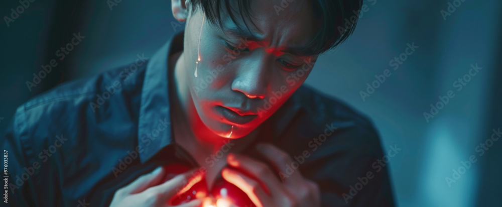 hand hold chest with heart attack symptoms, man have chest pain caused ...