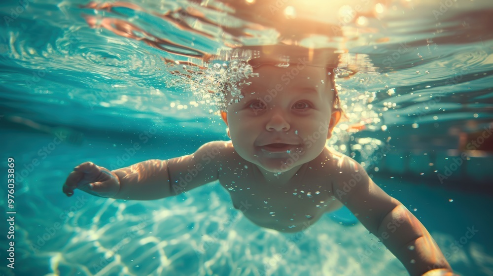 Cute smiling baby having fun swimming and diving in the pool at the ...