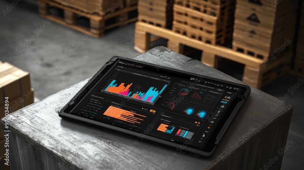 A digital tablet displays an inventory dashboard featuring colorful ...