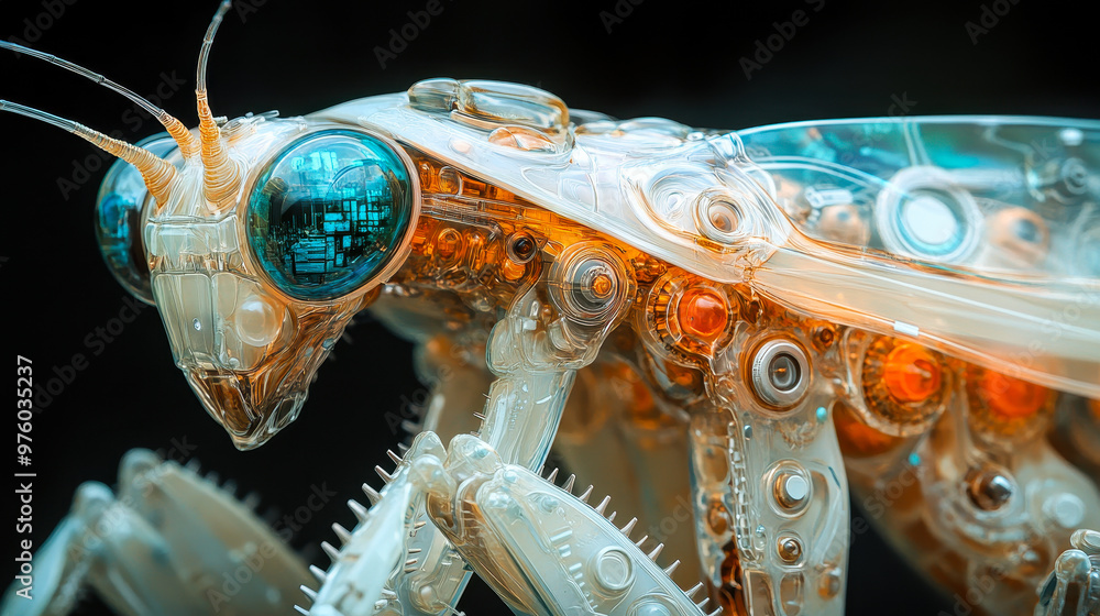 Cybernetic Praying Mantis Close-Up, Intricate Mechanical Details ...
