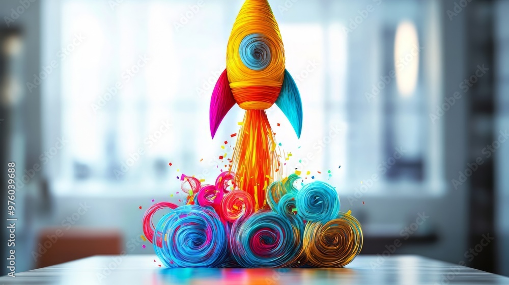 Rocket made of colorful swirling ideas, launching from a business ...