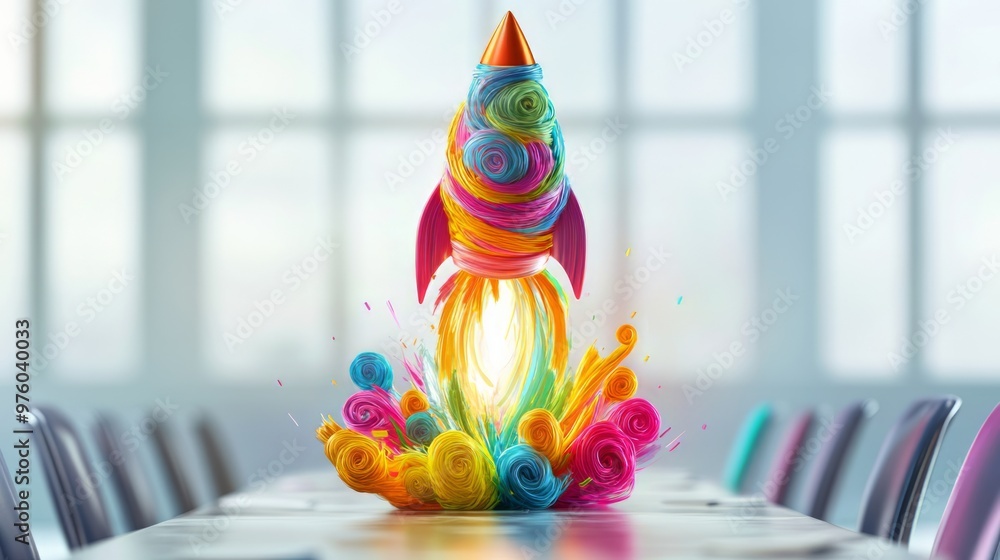 Rocket made of colorful swirling ideas, launching from a business ...