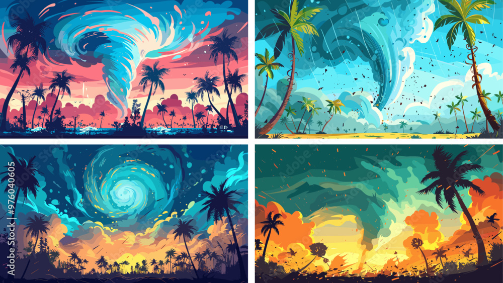 Typhoon cartoon vector scenes. Massive twister cyclone palms spirals ...