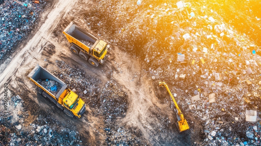 Aerial shot of dump trucks and machinery working at a large landfill ...