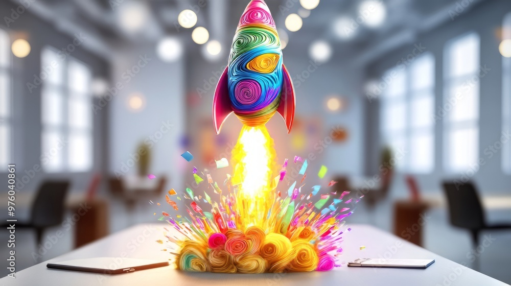 Rocket made of colorful swirling ideas, launching from a business ...