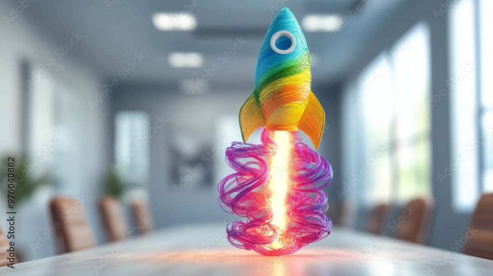 Rocket made of colorful swirling ideas, launching from a business ...