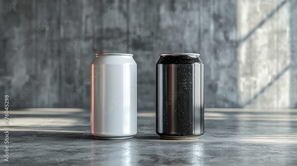 Two aluminum cans, one white and one black, stand side by side on a ...