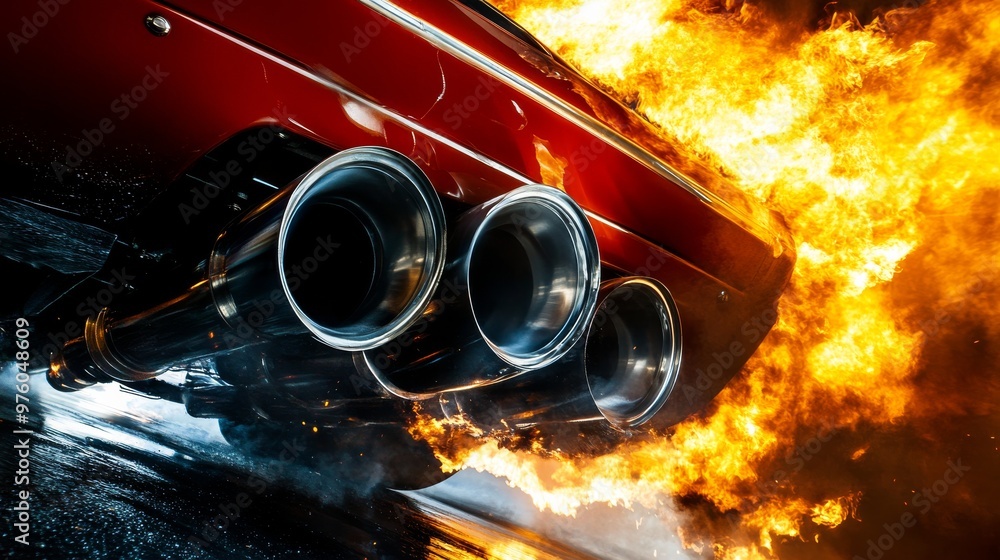 Flames shoot from custom exhaust pipes as a powerful engine roars ...