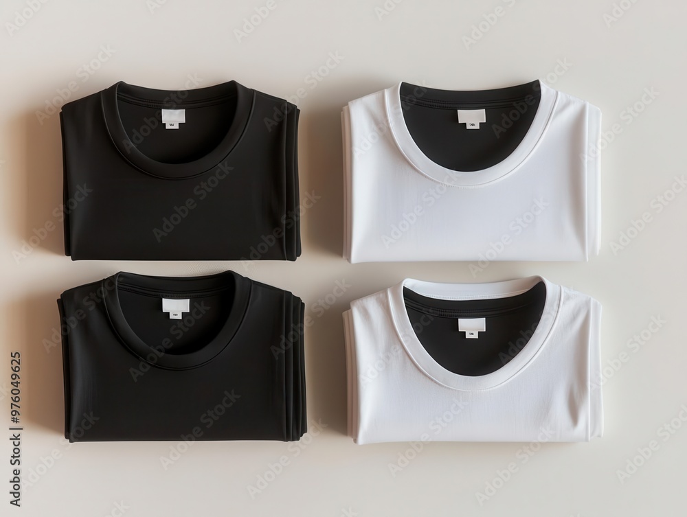 Minimalist mockup of neatly folded square t-shirts in black and white ...
