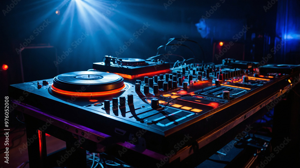 Illuminated DJ setup in a dark room with various turntables and control ...