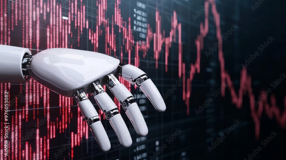 Robot hands interacting with virtual stock data visualized in 3D, virtual trading, AI ...