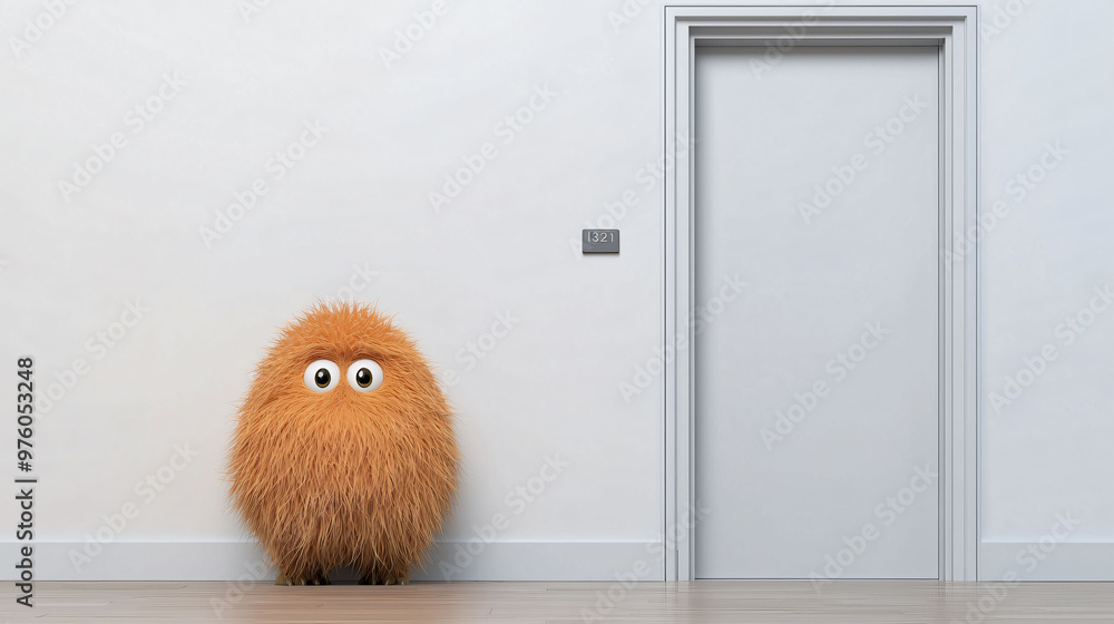 Furry monster in corporate office setting, standing near an elevator ...