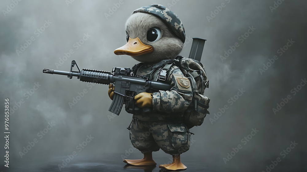 Cute Duck in Military Camo with M4 Rifle in Shadowy Gray Fog - Animal ...