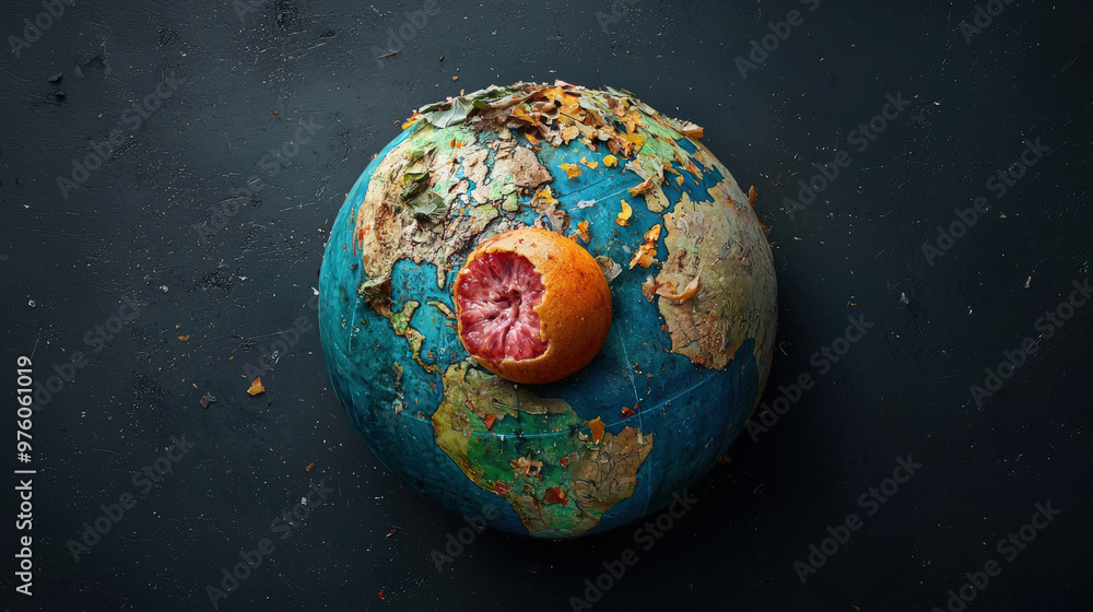 A bare globe with single rotting fruit in center evokes sense of decay ...