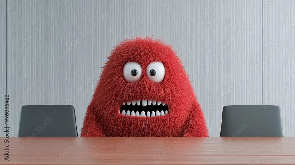 Furry red monster in boardroom reacting to business meeting with ...