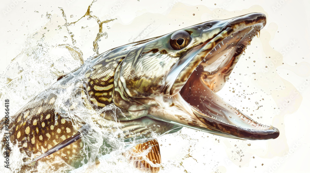 An angry pike fish bursts out of the water, mouth wide open, surrounded ...