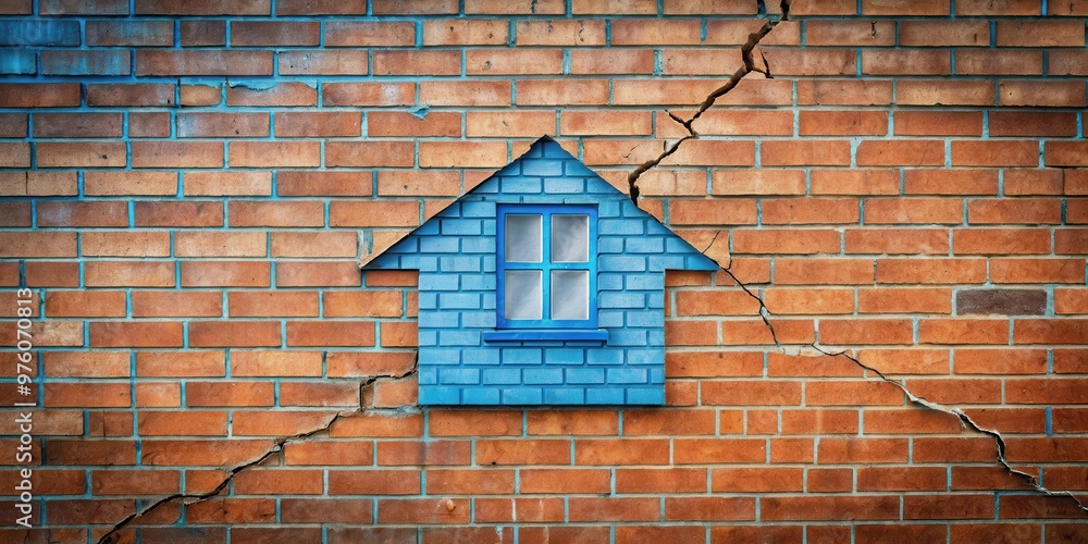 Cracked brick wall with a blue house drawing of creative concept for ...
