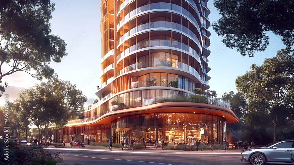 A modern high-rise building with a curved facade and retail spaces on ...