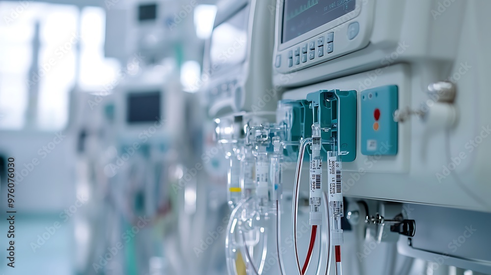 A dialysis machine in use, with the focus on the tubes and blood flow ...