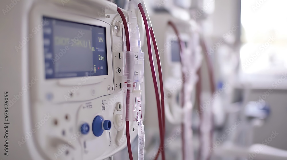 A dialysis machine in use, with the focus on the tubes and blood flow ...