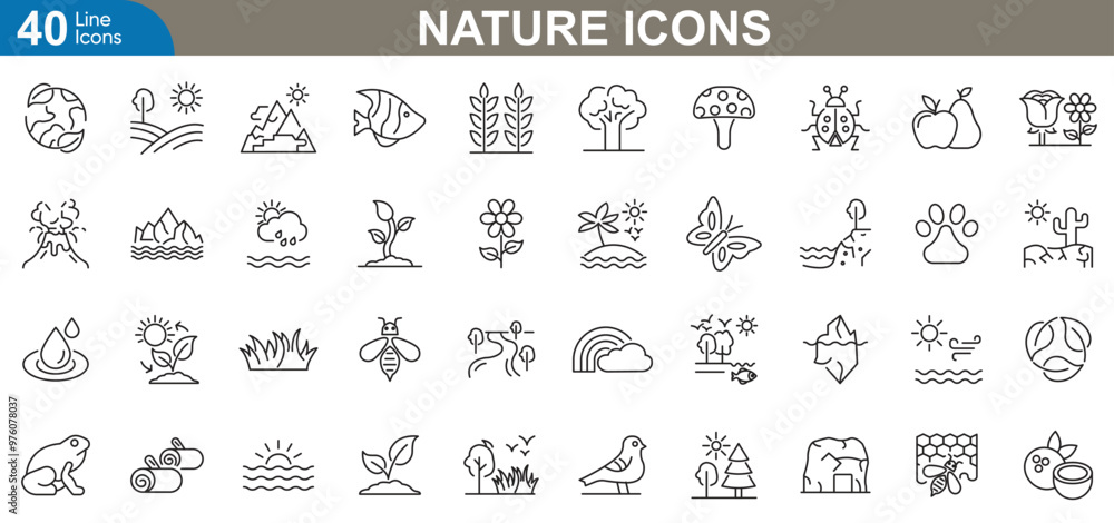 Nature line icons set. Trees, mountains, waterfalls, sun, leaves ...