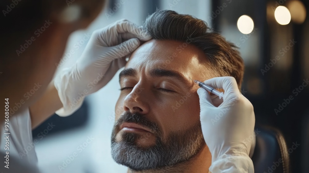 Lip Botox injections concept. Young man getting beauty injection in her ...