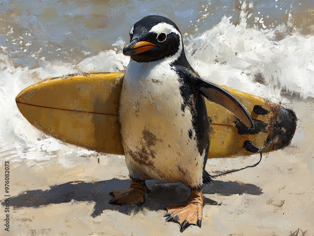 A penguin holding a surfboard stands at the edge of the water, captured ...