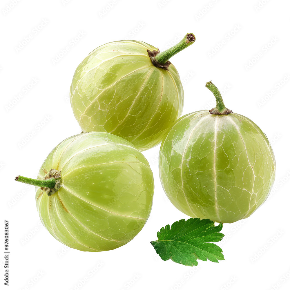 Fresh green gooseberries on a transparent background with a single leaf ...