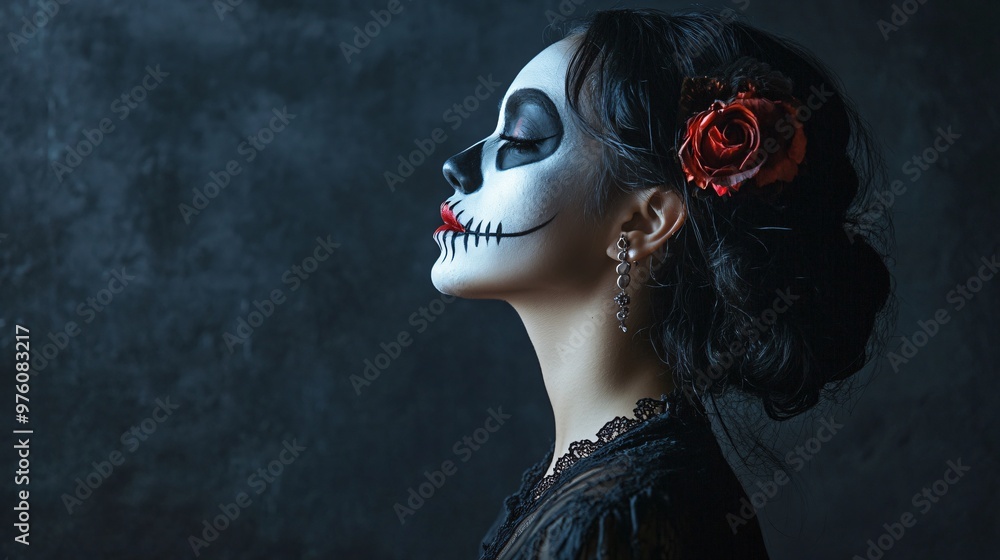 Side profile of a Mexican woman wearing La Catrina makeup, posed ...