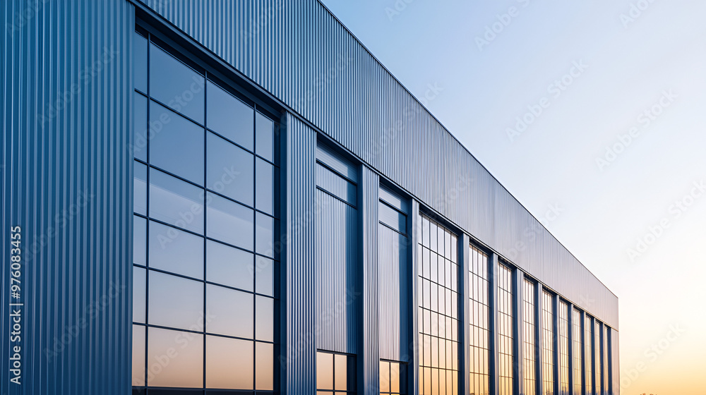 Empty large modern warehouse exterior with metal cladding and large ...