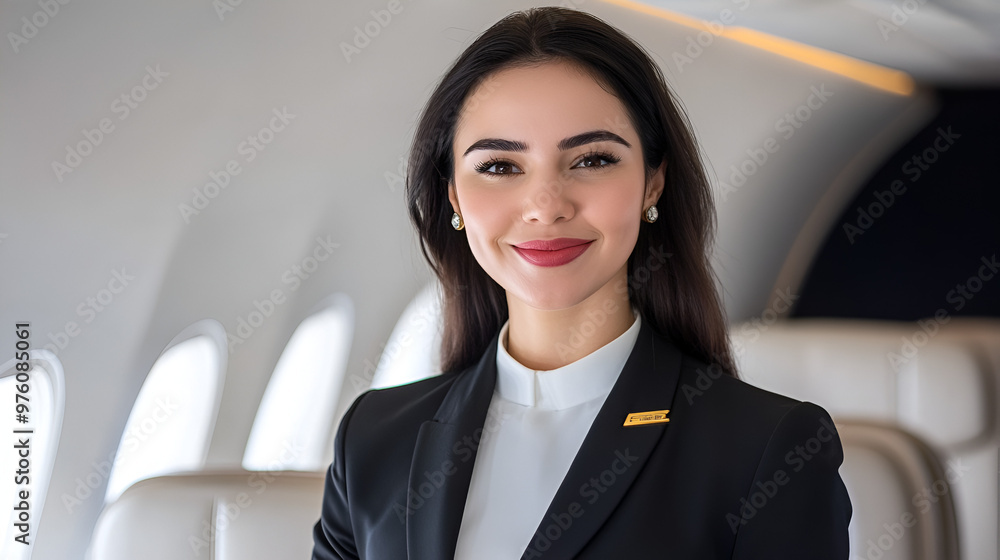 Beautiful female cabin crew air hostess smiling at the camera Flight ...