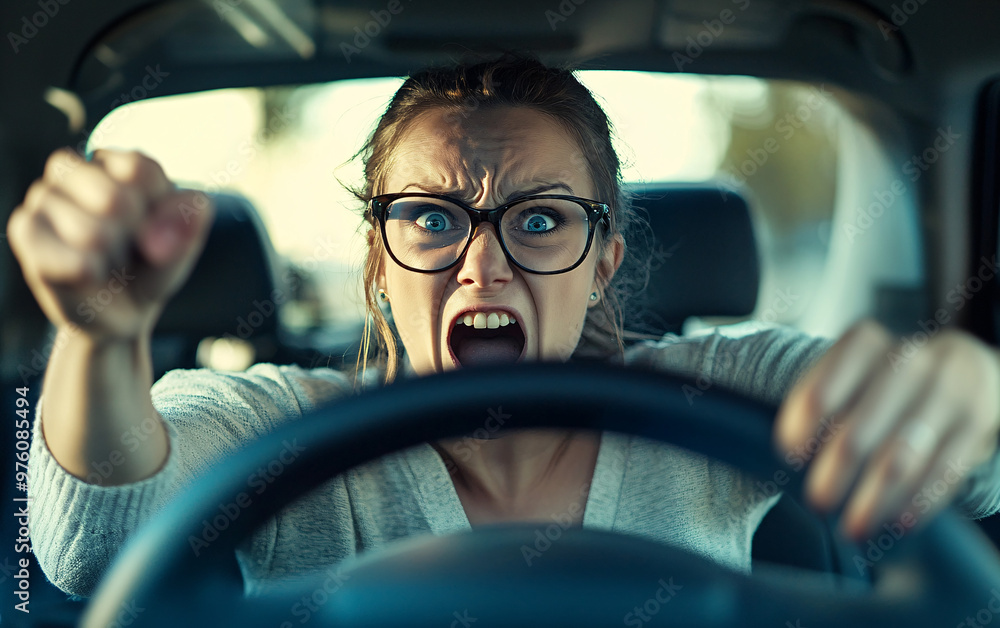 Angry driver shouting and pointing while sitting behind the wheel of a ...