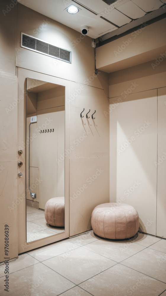 Empty fitting room with mirrors and a beige ottoman on a tiled floor ...