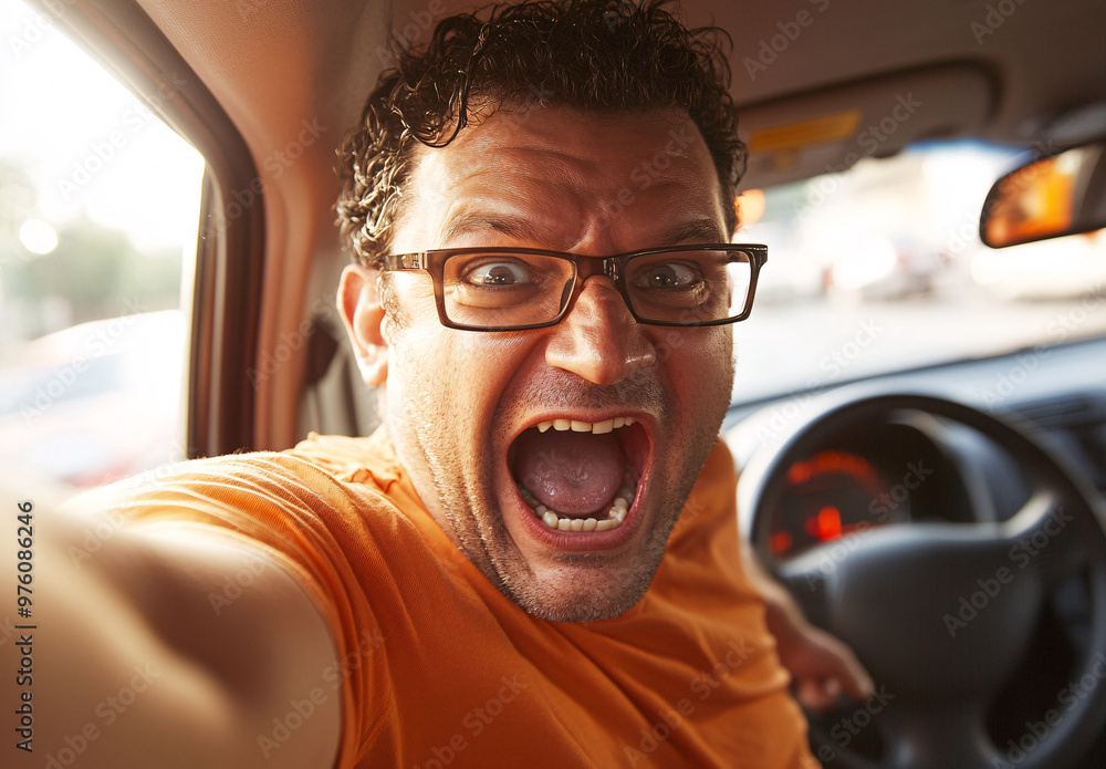Angry driver shouting and pointing while sitting behind the wheel of a ...