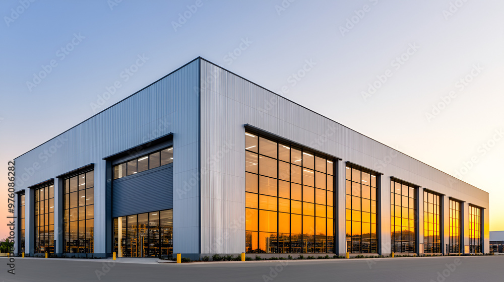 Empty large modern warehouse exterior with metal cladding and large ...
