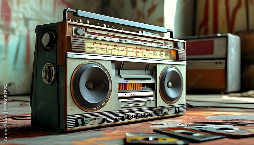 Retro 1980s graffiti room featuring a vibrant stereo music blaster and ...