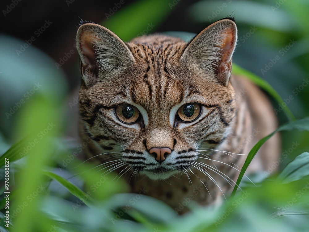 A wild cat is partially hidden behind lush green plants, with a focus ...