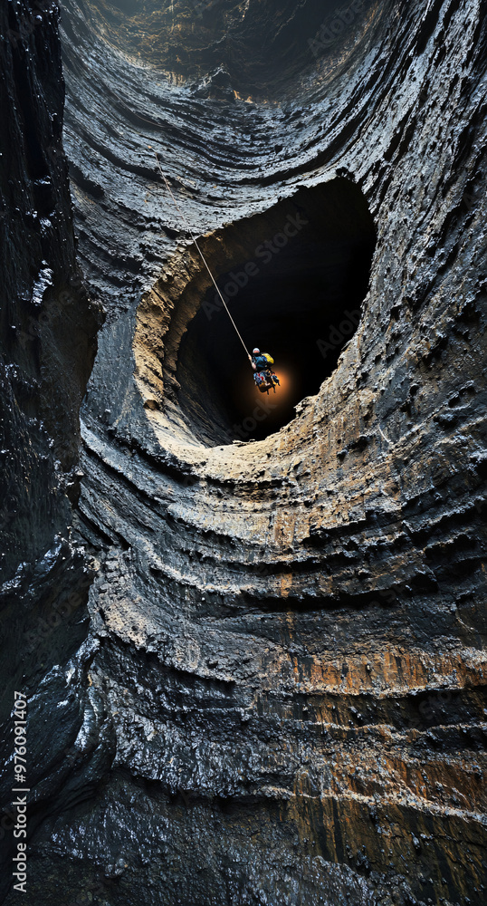 Climber rappelling into a deep, vertical cave formation with layered ...