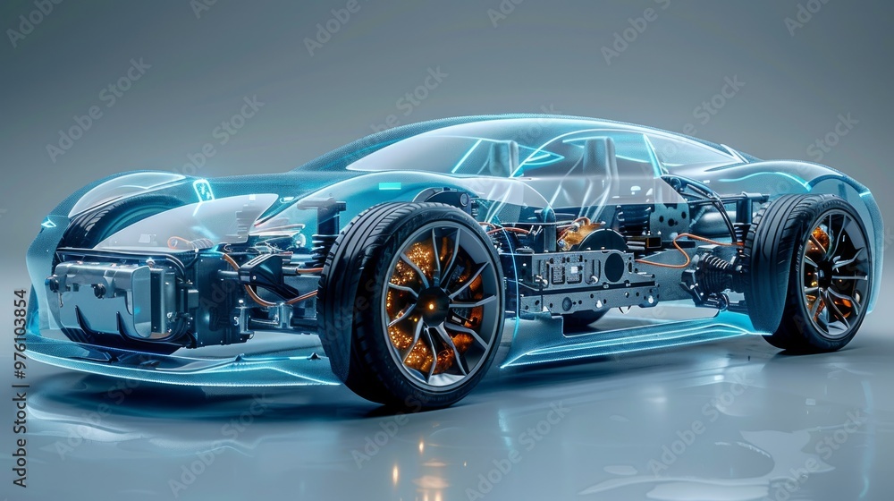 Blue transparent car with an internal structure of the electric vehicle ...