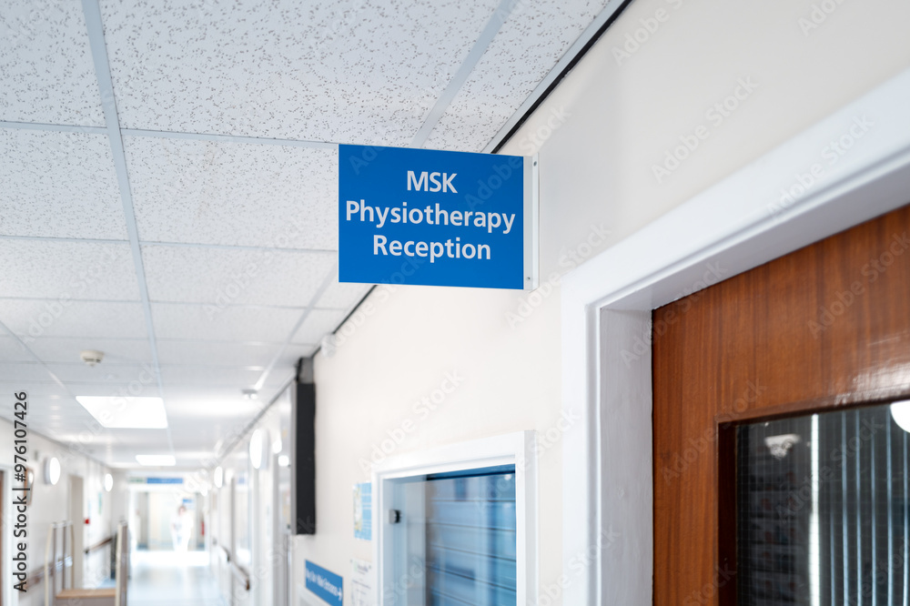 NHS hospital physiotherapy reception sign located within an outpatients ...
