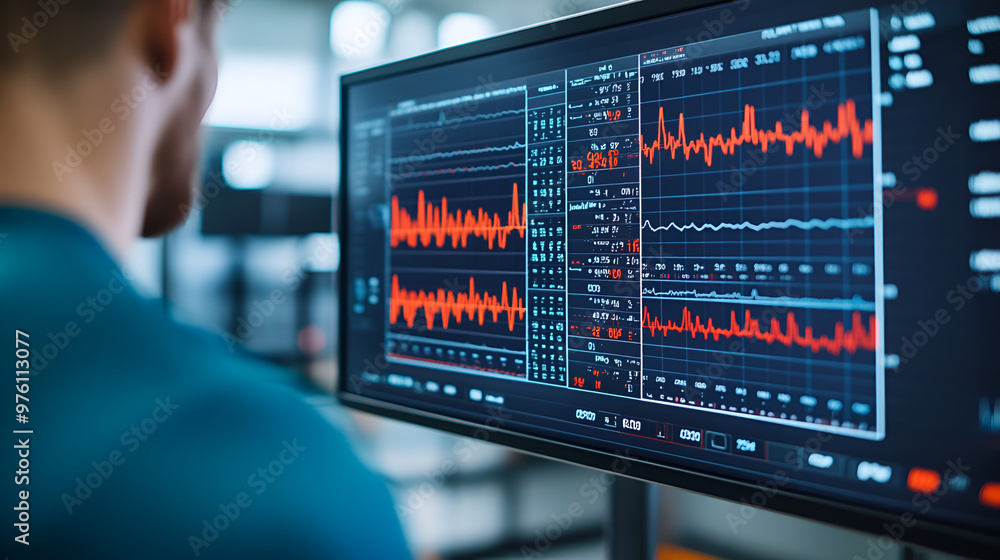 High-tech sports lab with a focus on a large monitor displaying real ...