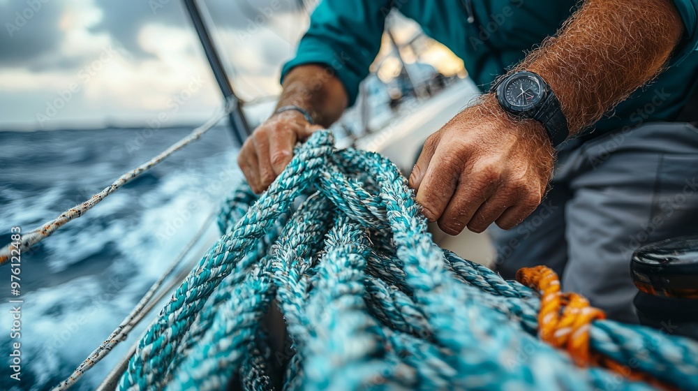Detail of hands cleating off superyacht mooring lines on the foredeck ...