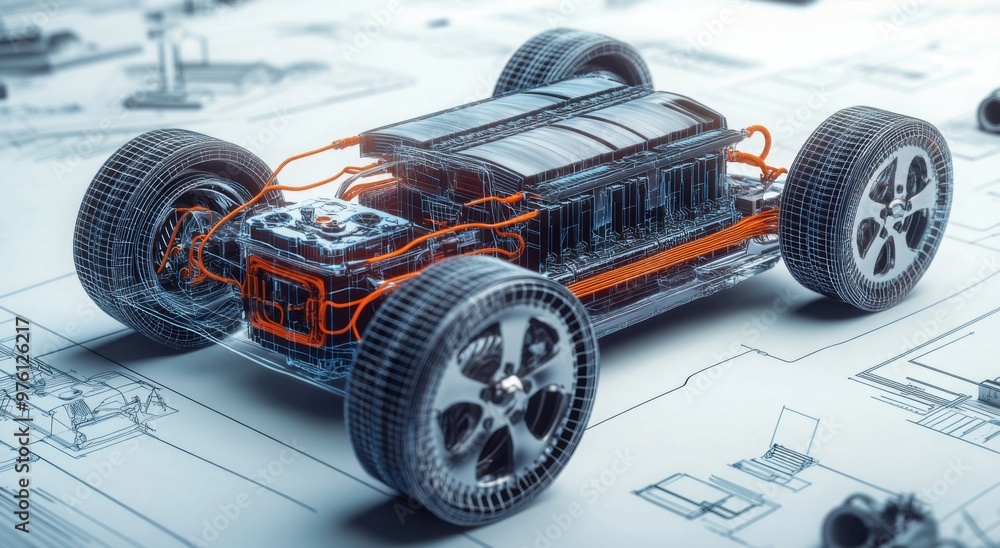 Industrial wireframe featuring a lithiumion battery pack, motor wiring ...