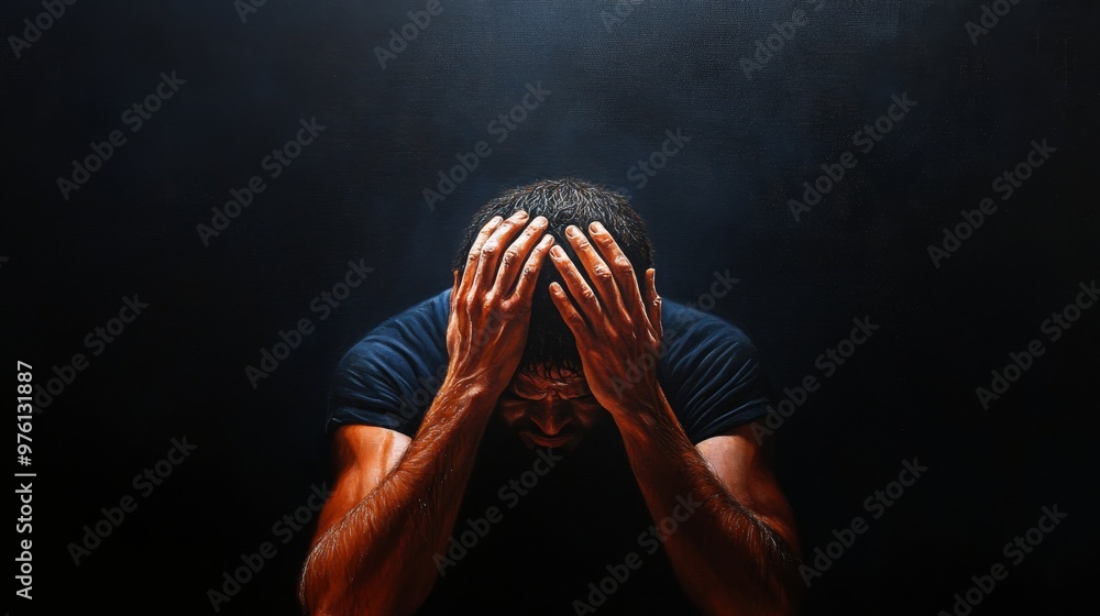 A lone man sits in the dark, covering his face with his hands ...