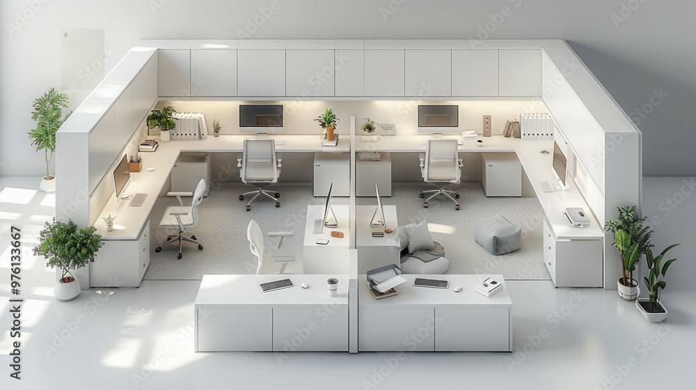 3D isometric view of neatly arranged office cubicles. Top view of white ...