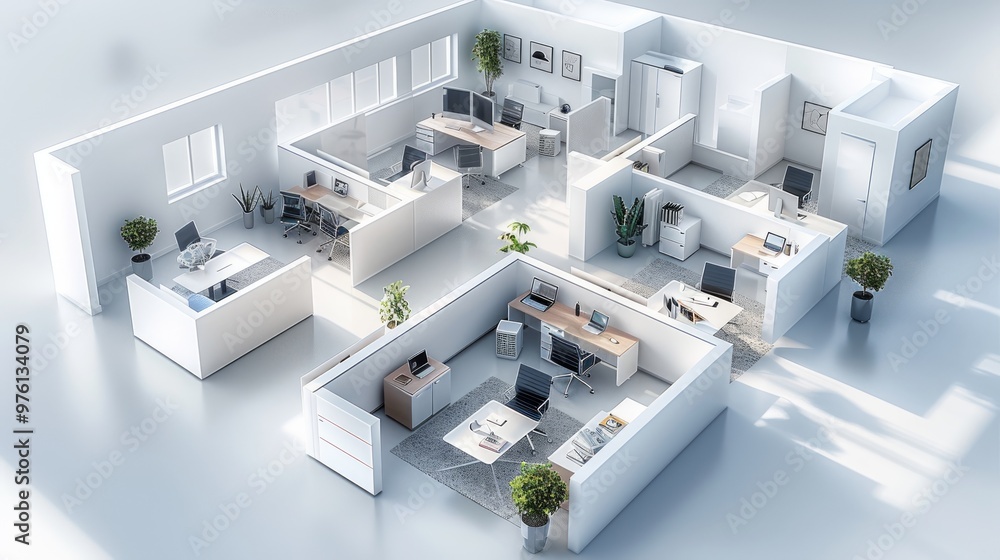 3D isometric view of neatly arranged office cubicles. Top view of white ...