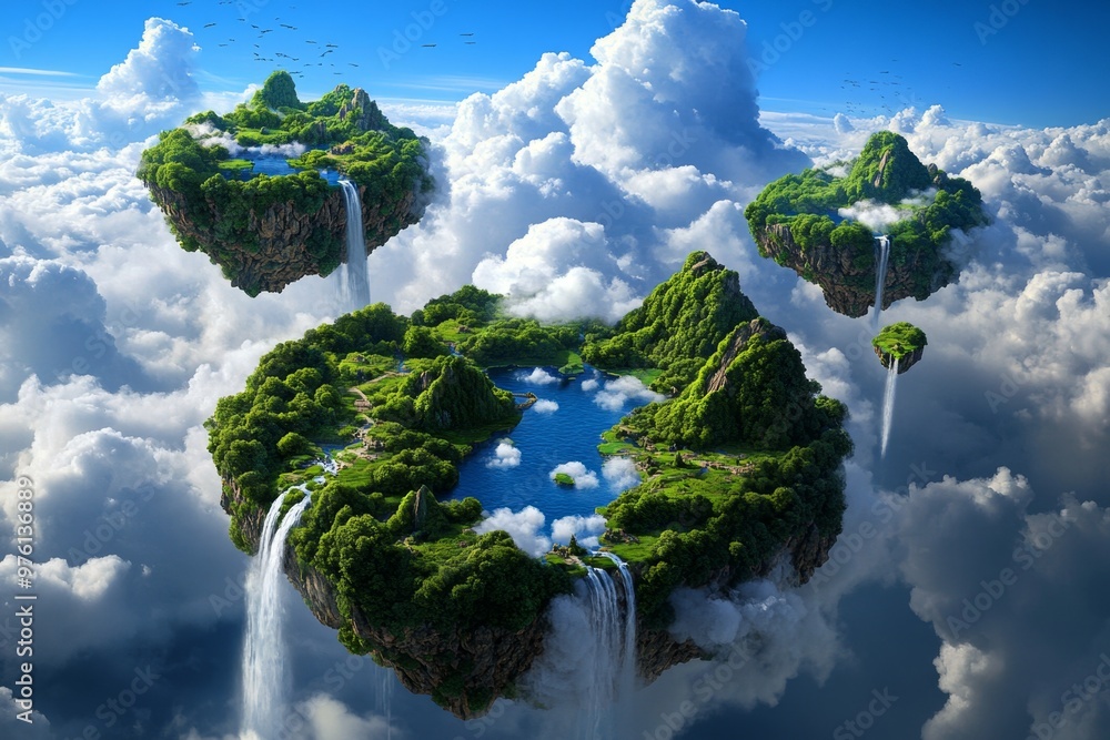 Magical Floating Islands illustrated in a sky-bound fantasy, with ...