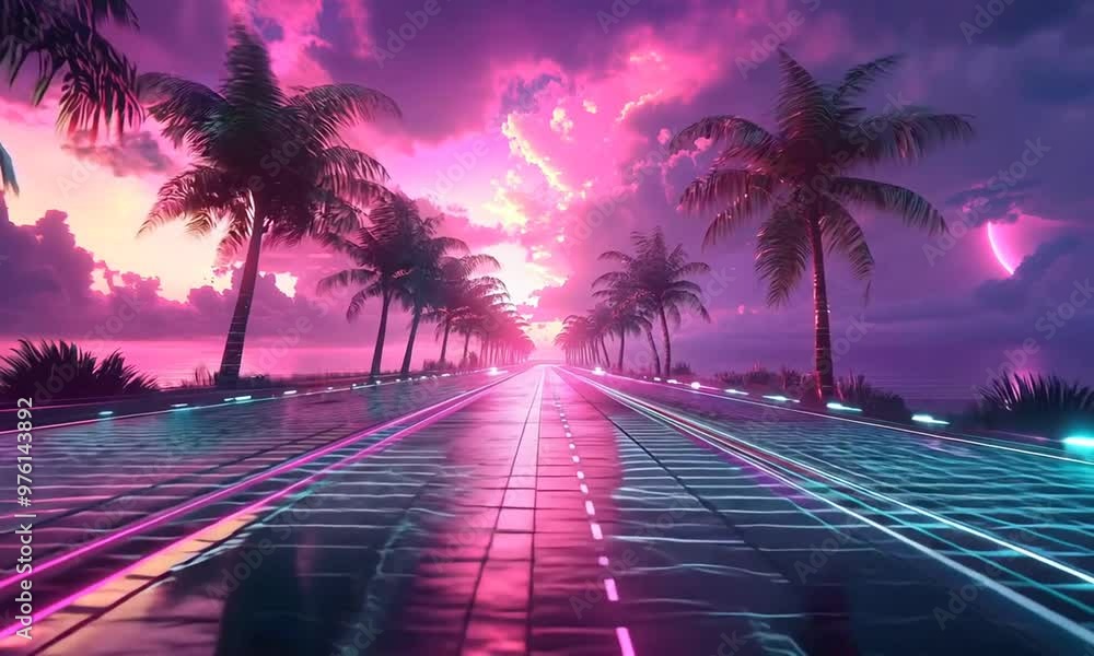 vaporwave, retro-futuristic, neon highway, grid patterns, palm trees ...