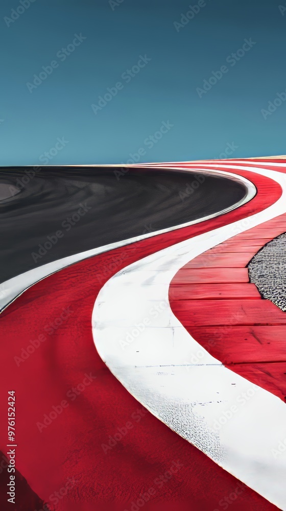 Red and white kerbs of a racing circuit corner with skid marks on ...